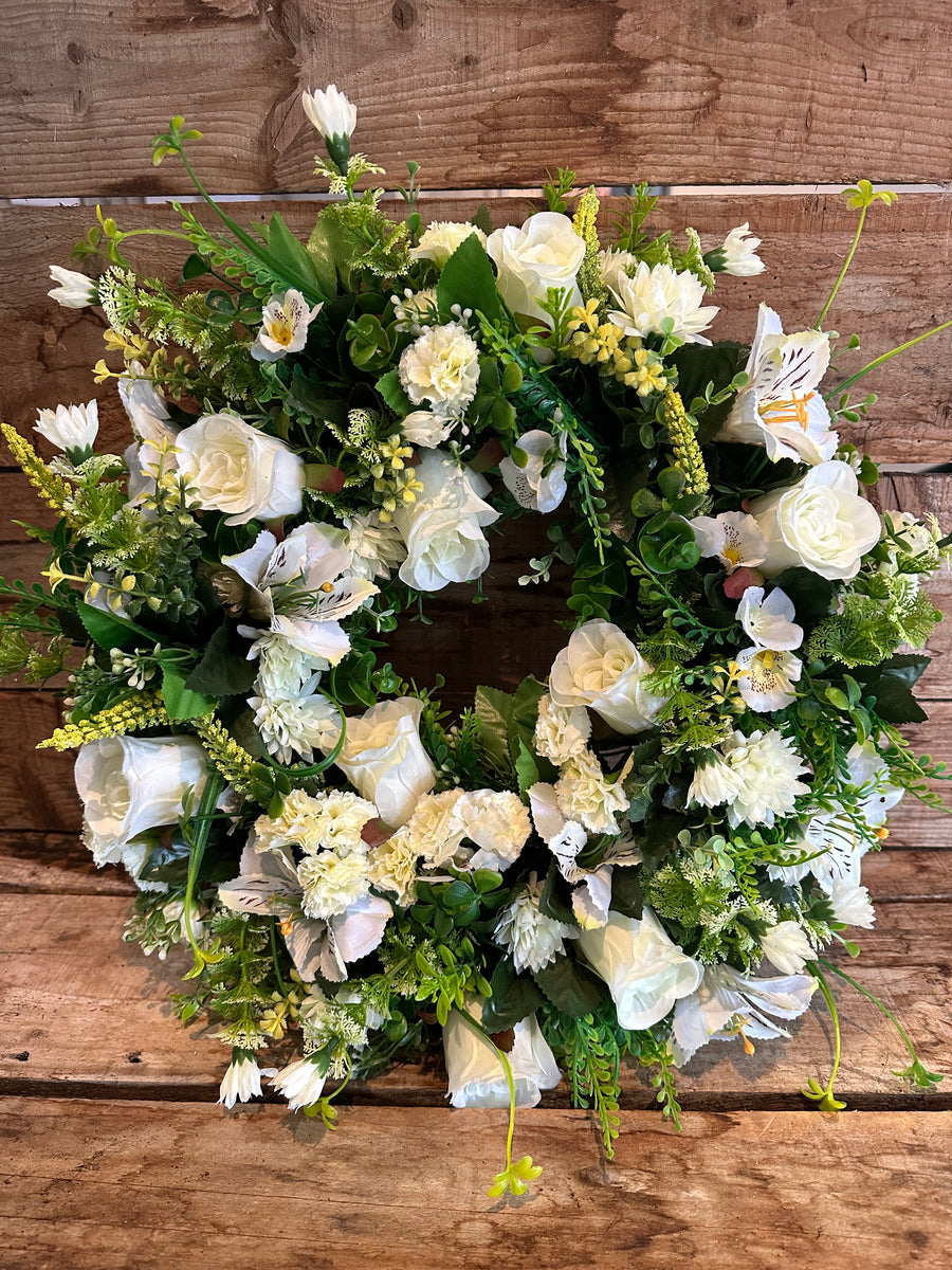 White and Cream Artificial Wreath – Bespoke Blooms By Maybury